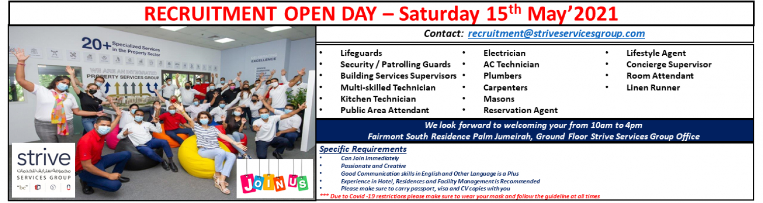Recruitment Open Day by Strive Services Group, United Arab Emirates UAE ...